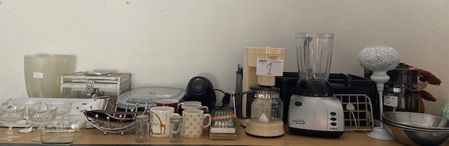 ASSORTED KITCHENWARE, COFFEE MACHINE, MILEX BLENDER, PLASTIC CRATE ...